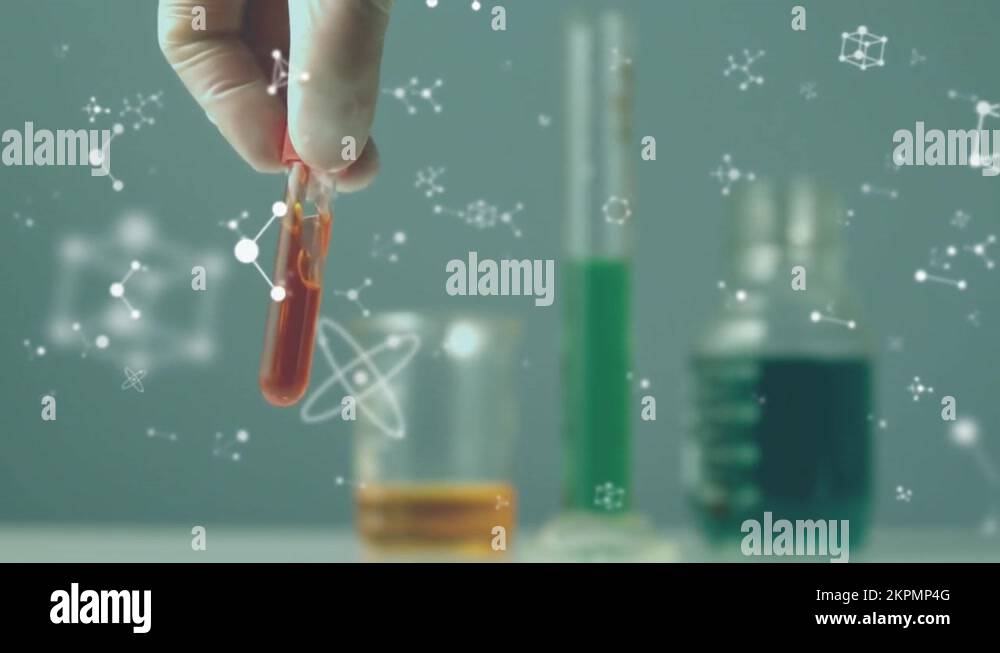 Animation of molecules over beakers and test tubes with liquid Stock ...