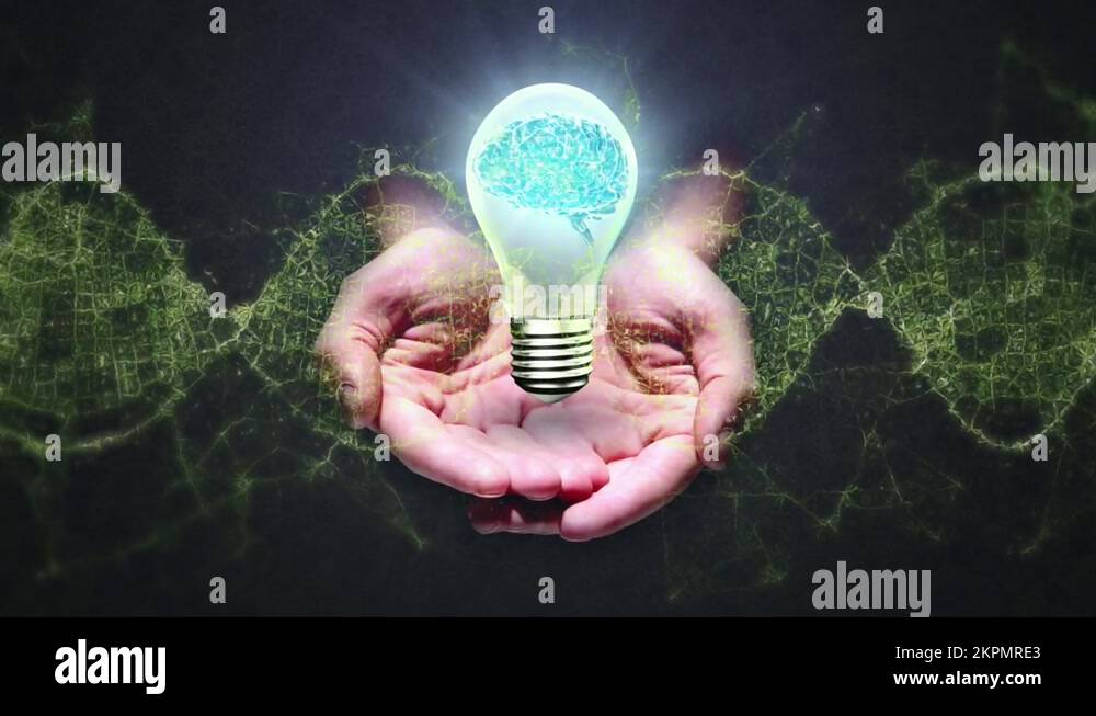 Human brain inside a electric bulb over cupped hands against digital ...