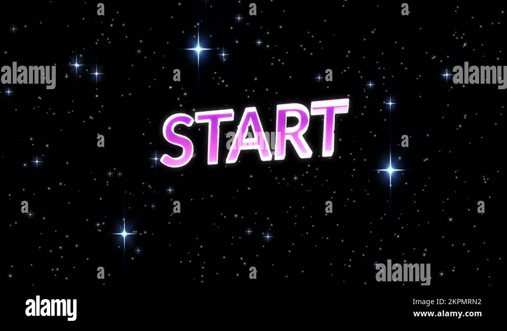 Pink start text banner over shining stars against black background ...