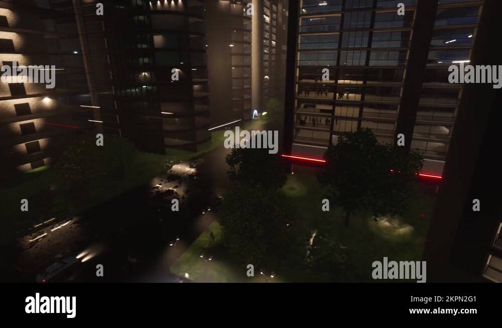 Virtual Reality, a city animation of a downtown, focuses on a high-rise ...