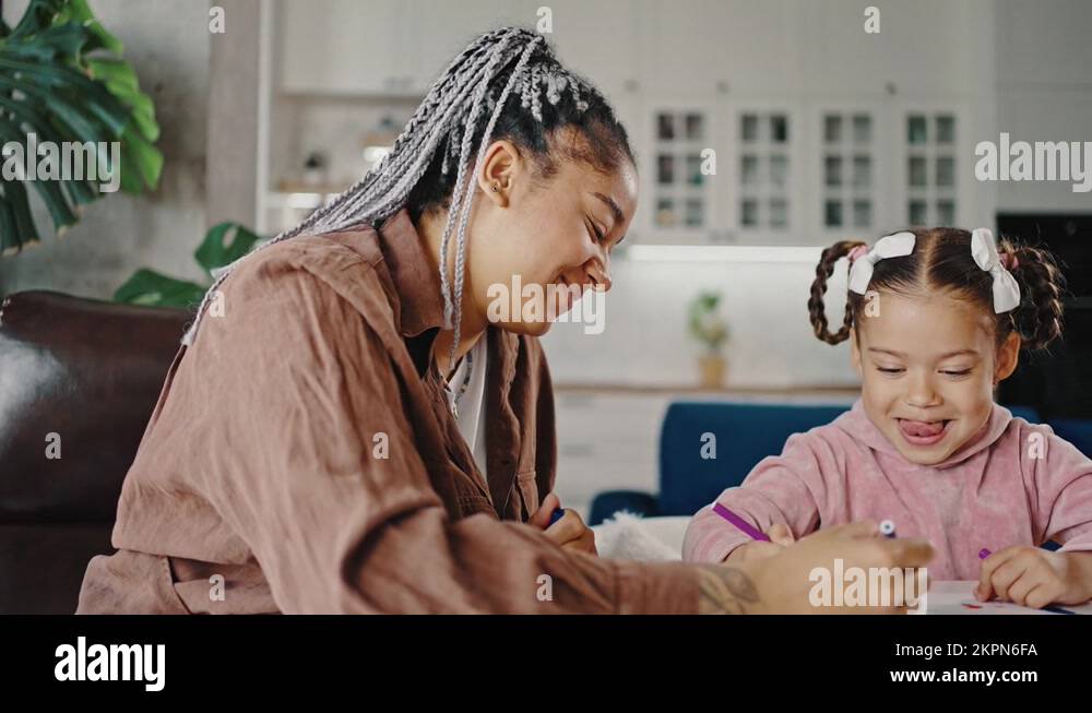 Kids development at home. Cute little black girl drawing picture with ...