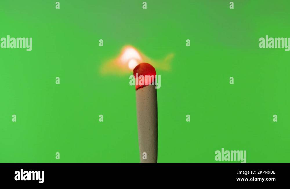 Burning match on green chroma key background. Fire flame from ...
