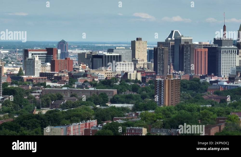 Baltimore city skyline view. Aerial reveals homes and skyscrapers on ...