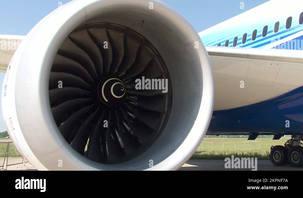 Compressor rotor of engine of Boeing 787 Dreamliner aircraft rotates ...