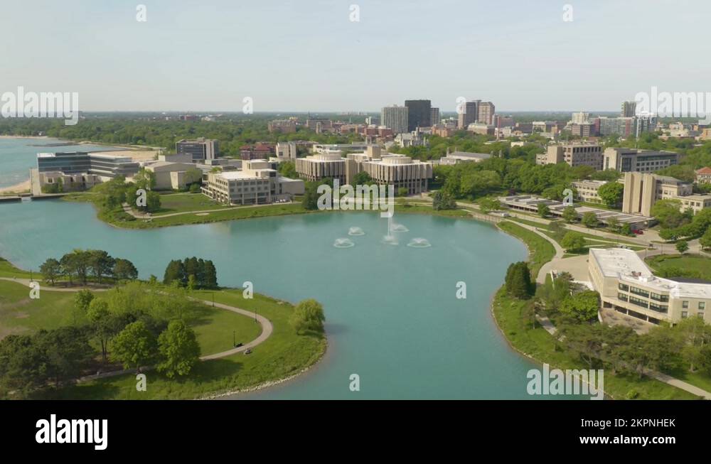 Drone Shot Above The Lakefill at Northwestern University. Pedestal Down ...