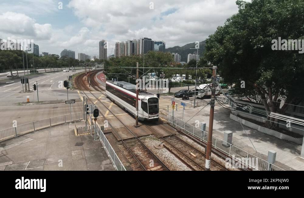 An aerial view of light train. Light rail system operated by MTR Stock ...