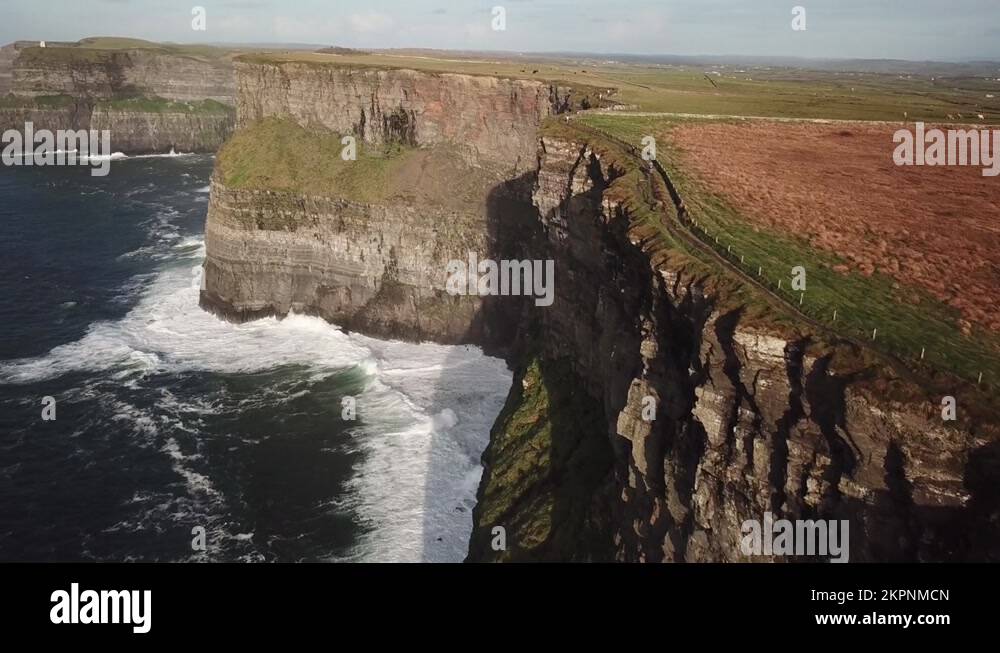 Fields on cliffs of Moher and the atlantic ocean, with the foam of the ...