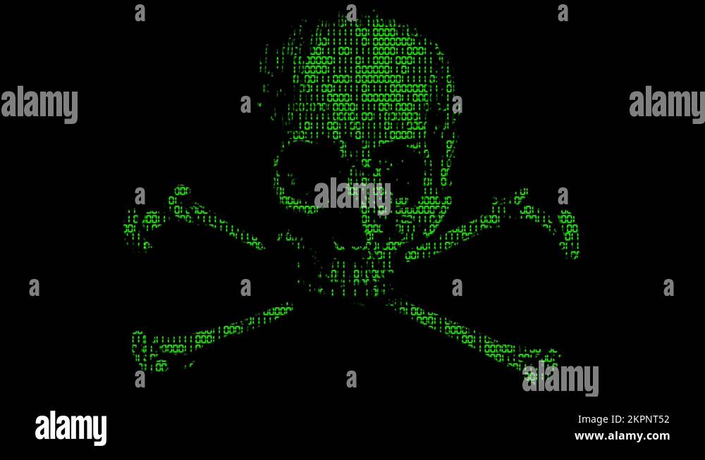 Alarming animated cyber hacking skull and cross bones symbol with ...