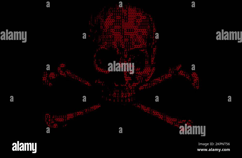 Alarming animated cyber hacking skull and cross bones symbol with ...