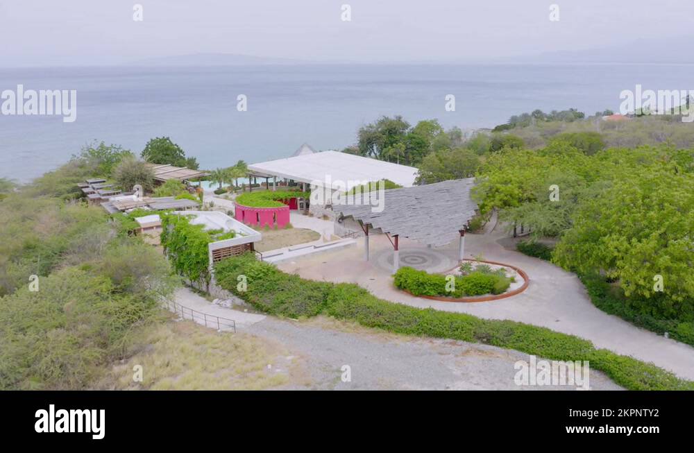 Seafront empty resort structure overlooking Caribbean ocean at Bahia de ...