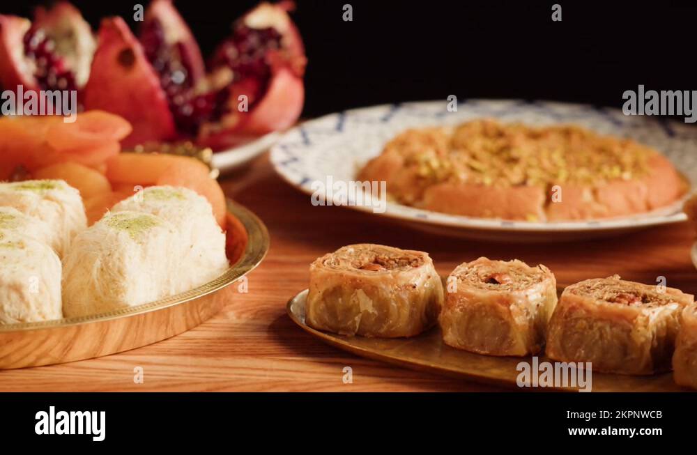 Turkish sweet food. Arabian cuisine. Baklava, nuts, pismaniye close-up ...