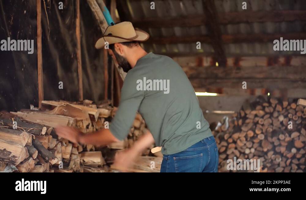 Farmer Chopping Wood On Ranch. Stockbreeder On Farm. Cowboy FArmland ...