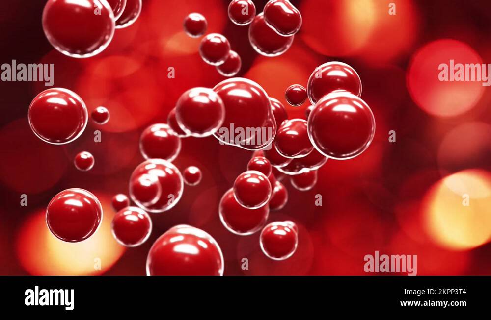 Moving bloody red molecules against dark red light particles bokeh 3D ...