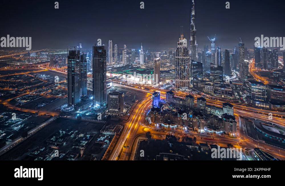Panorama showing aerial view of tallest towers in Dubai Downtown ...