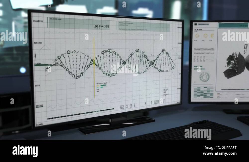 The structural analysis of the DNA strand on the main screen. Medical ...
