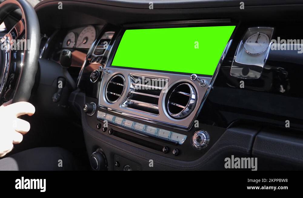 Auto Luxury Car Steering Wheel Dashboard with Green Screen Monitor ...