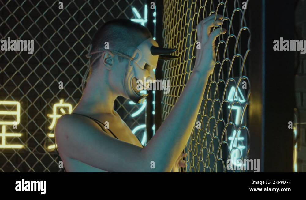 Cyberpunk Girl in Demon Mask Stock Video Footage - Alamy