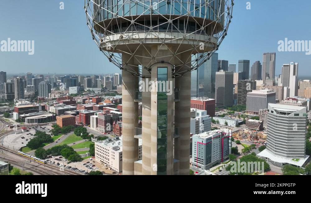 Reunion Tower Plaza. Rising aerial orbit reveal of downtown Dallas TX ...
