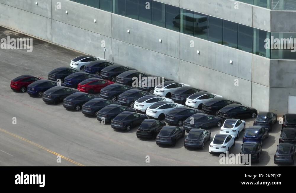 New Tesla Model Y cars at Giga Texas Factory in Austin TX. Aerial view ...
