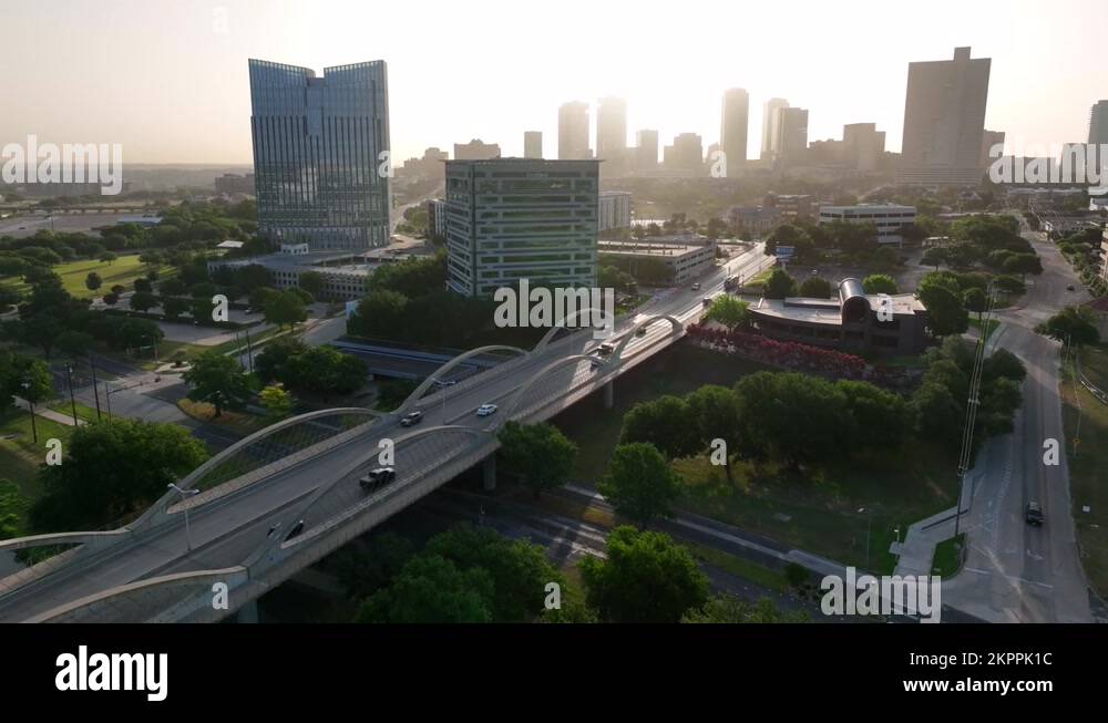 Dallas Fort Worth metro region. Ft Worth skyline. Aerial pullback ...
