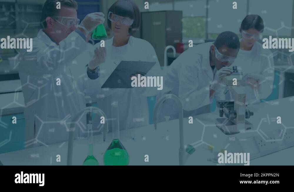Animation of chemical formulas over diverse female and male lab workers using Stock Video ...