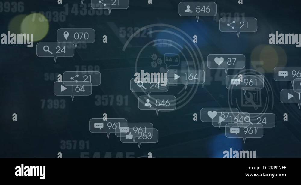 Speech bubbles with increasing numbers over digital icons and spots of ...