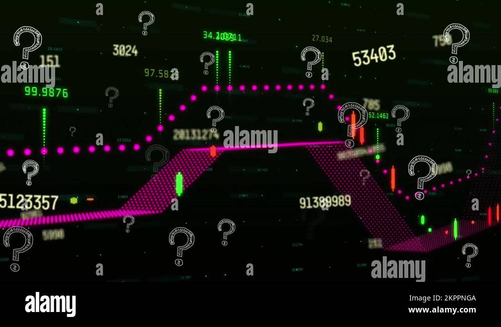 Question mark symbols and multiple changing numbers against financial ...