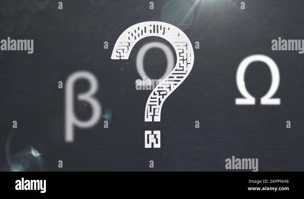 Question mark and mathematical symbols against spot of light on grey ...