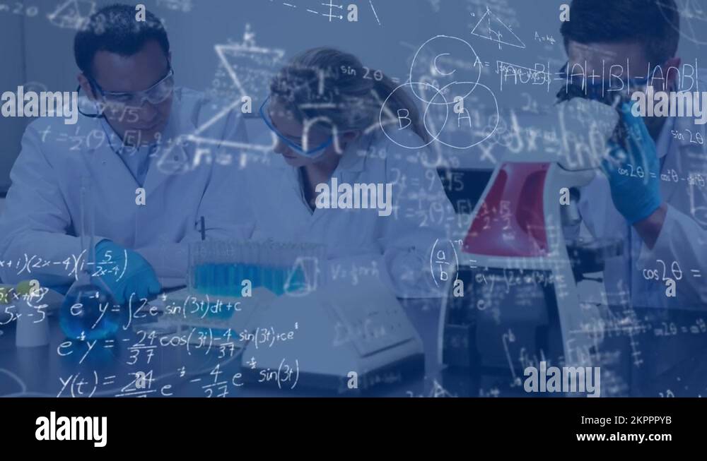Animation of math formulas over diverse female and male lab workers ...