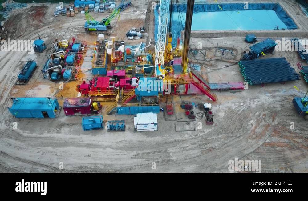 Cinematic Drone Shot of Onshore Drilling and Workover Rig structure and ...