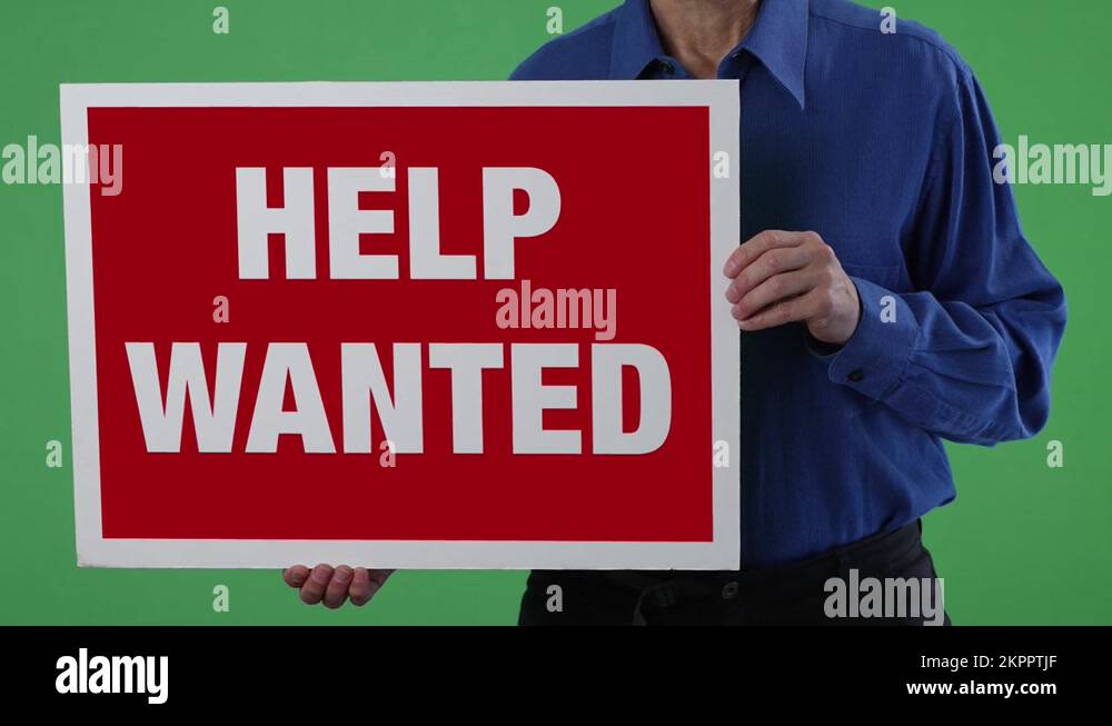 Man in blue shirt holds Help Wanted sign on solid green screen chroma ...