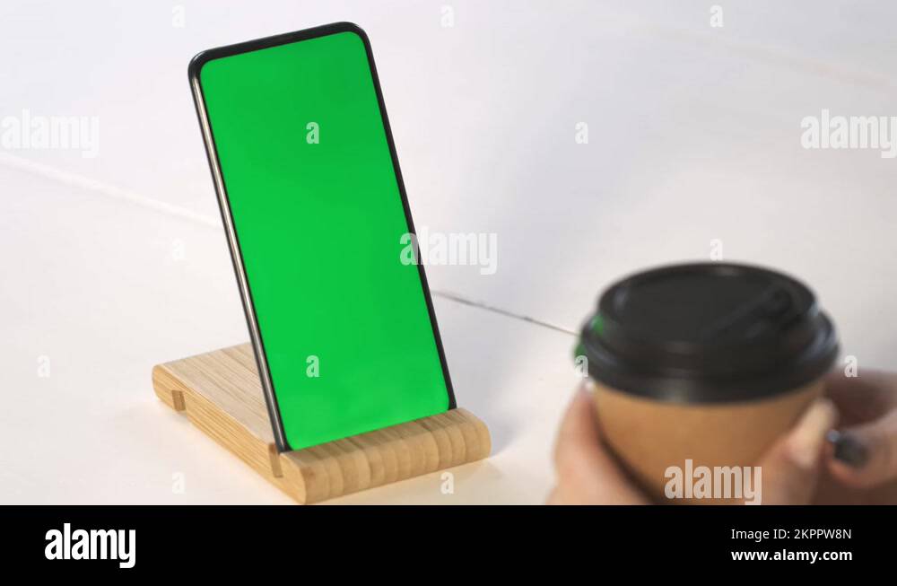 Handheld Camera: Back View of Brunette woman Holding Chroma Key Green ...