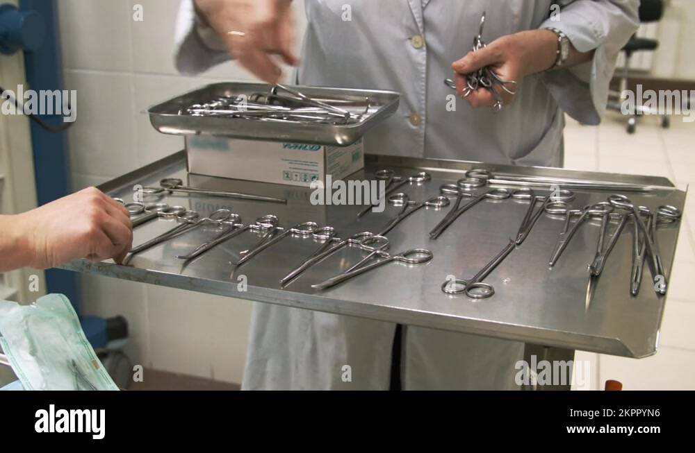 Surgical operation. Close-up of medical surgical tools. Preparation for ...