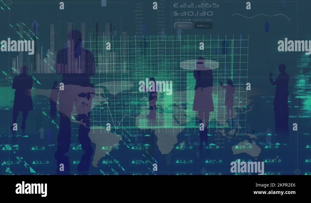 Animation of financial data and graphs over green digital screen with ...