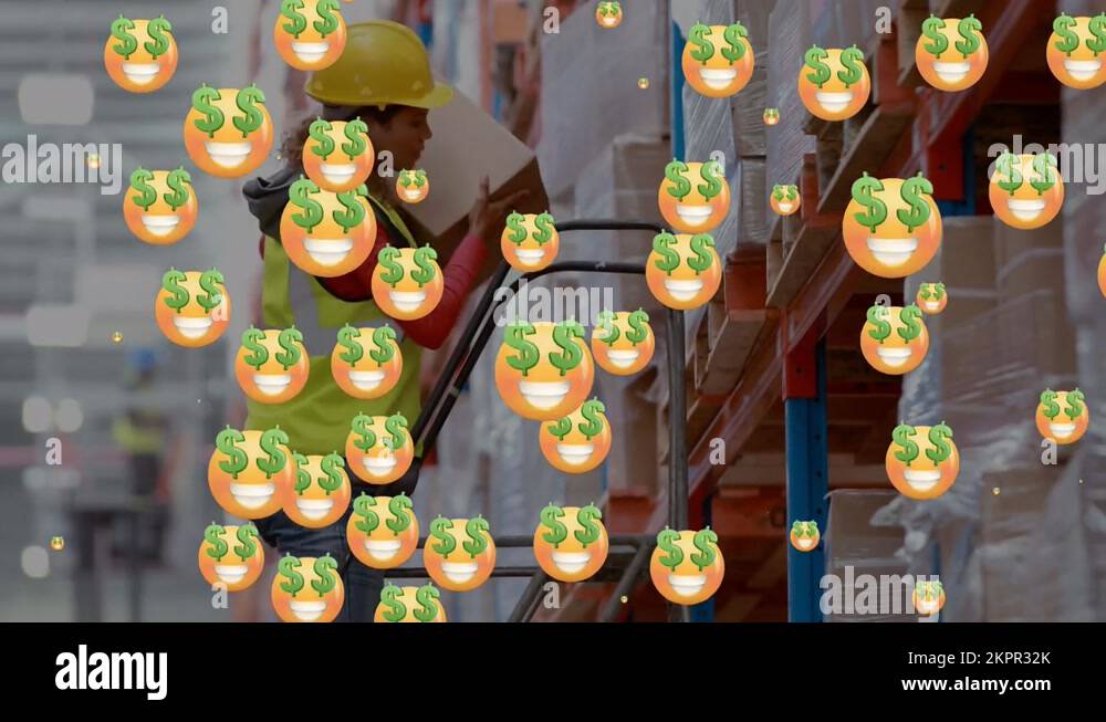 Animation of emoji icons over caucasian female worker in warehouse ...