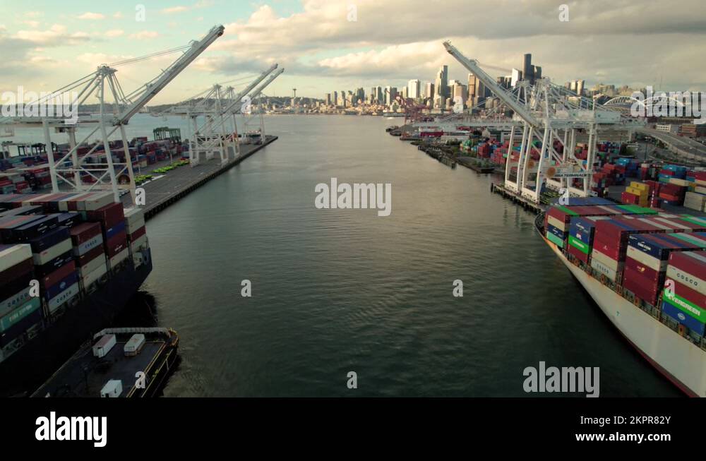 Seattle WA 2022 Backwards Aerial Over Industrial Waterway with Cargo ...