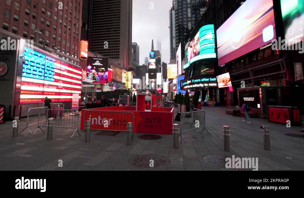 Times Square in the morning. Neon and screen signs and advertising ...