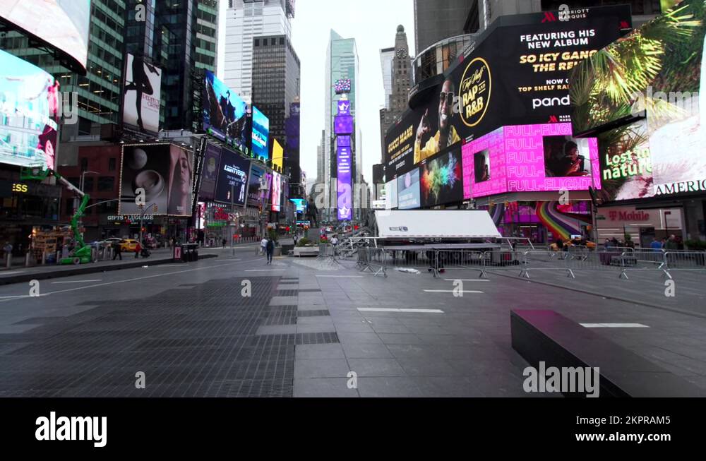 Times Square in the morning. Neon and screen signs and advertising ...