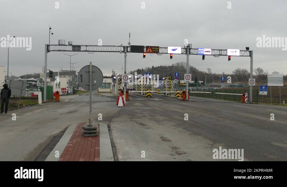 static shot of the car lanes at the Ukrainian Polish border crossing at ...