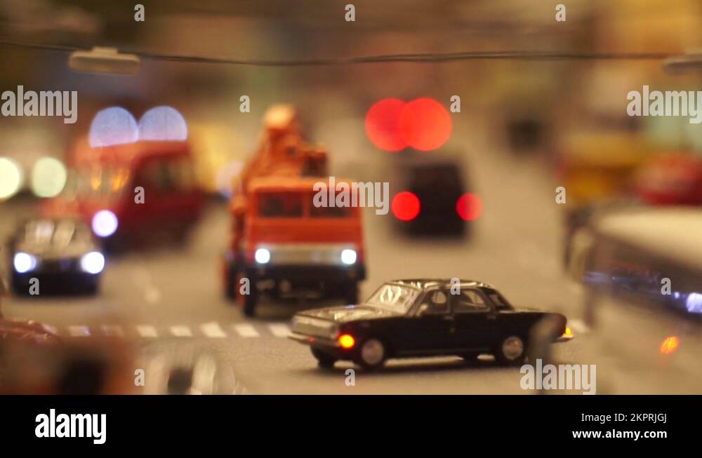 City traffic closeup static frame. Footage. Model of a city street with ...