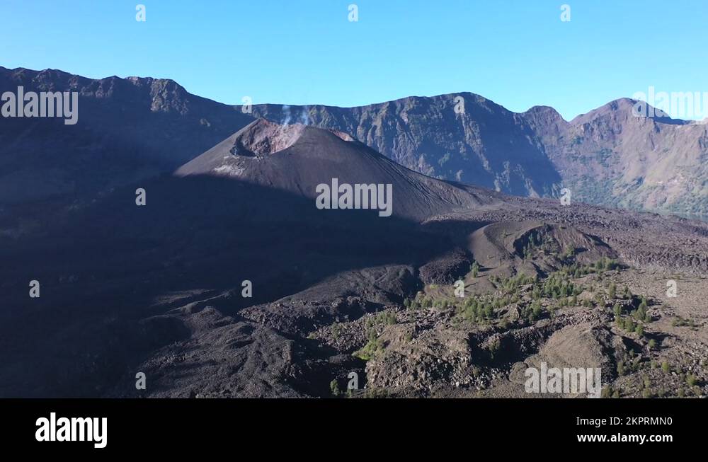 Closing in the crater cone of Mount Rinjani active volcano in Indonesia ...