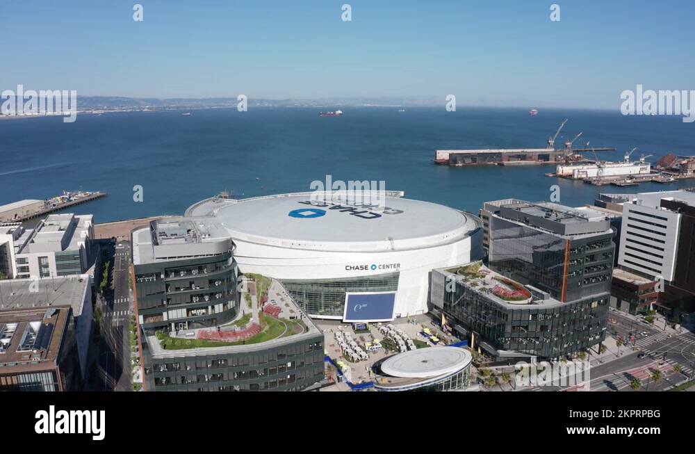 Aerial panning shot of the Chase Center basketball arena, home of the ...