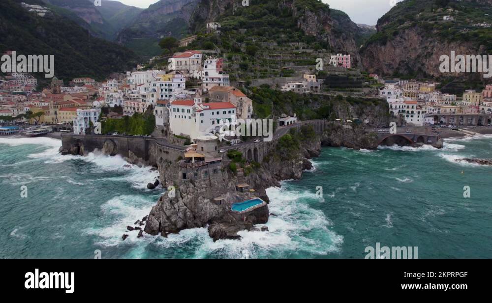 Swimming Pool by Ocean Cliffs on Amalfi Coast, Amalfi, Italy - Aerial ...