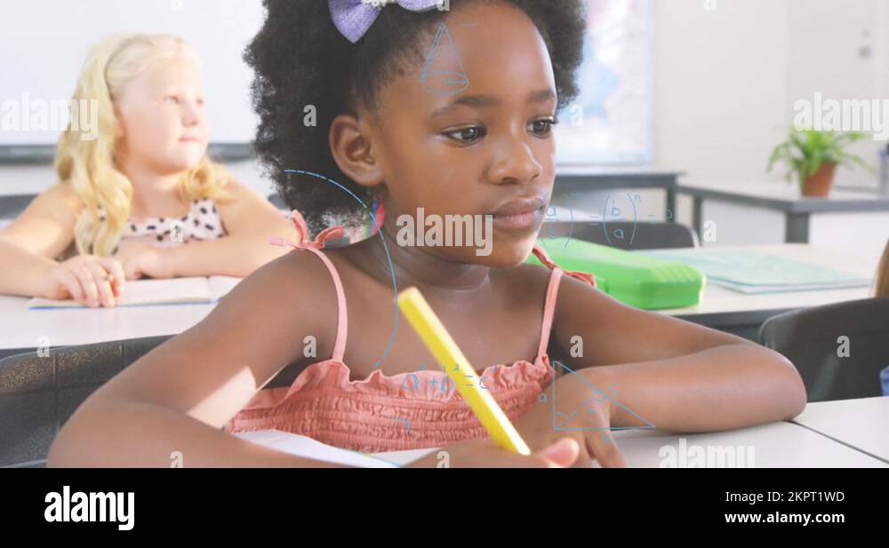 Animation of math formulas over african american girl learning at ...