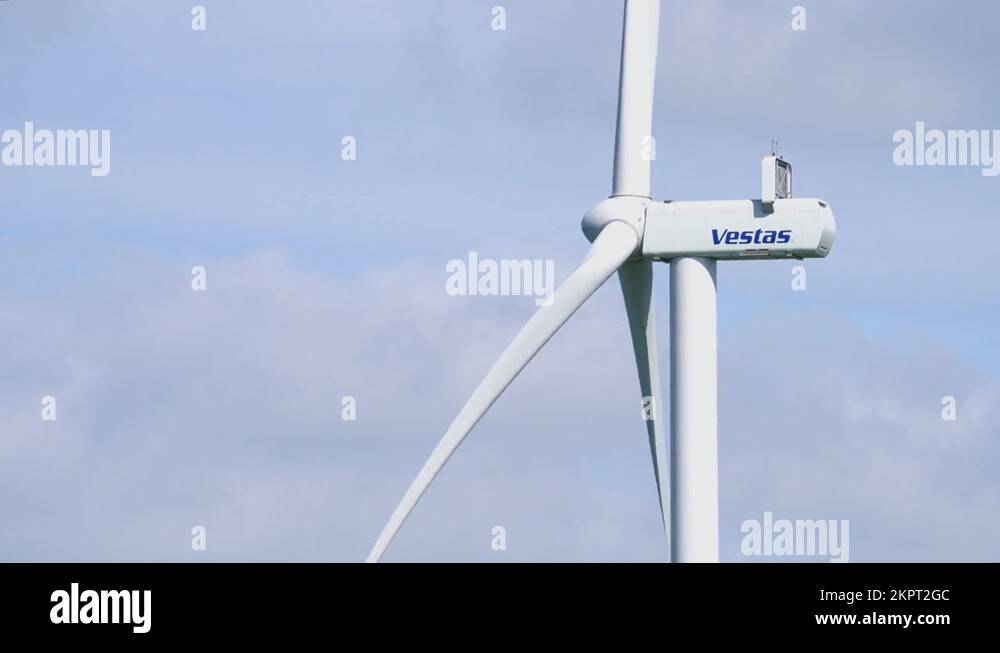 Rotating Blades Of A Vestas Wind Turbine - Wind Farm System - aerial ...