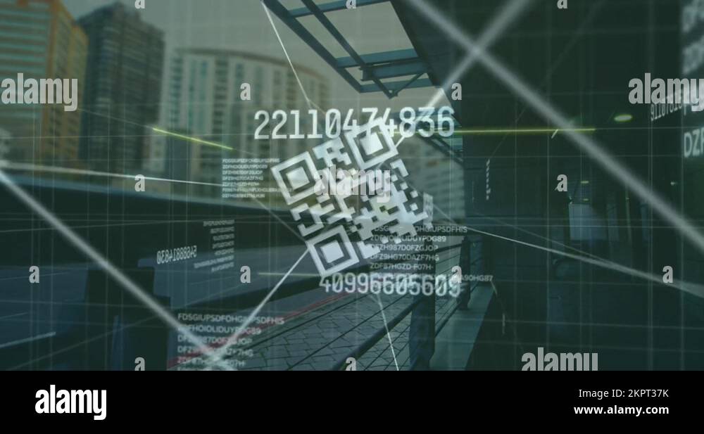 Animation of qr code and numbers over cityscape Stock Video Footage - Alamy