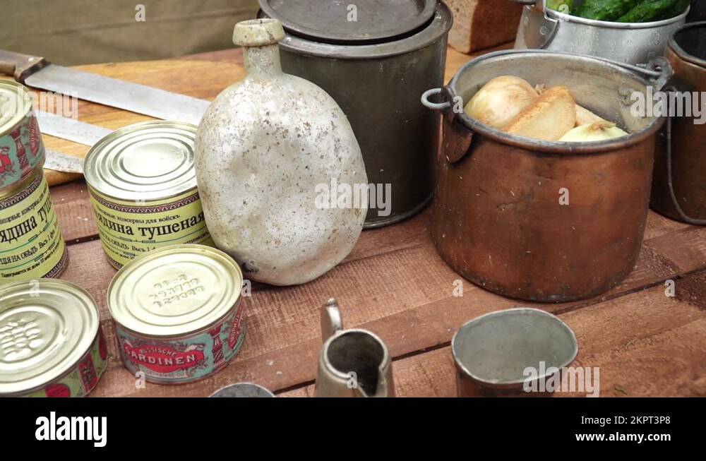 Kitchen with cutlery and canned food from the First World War Stock ...