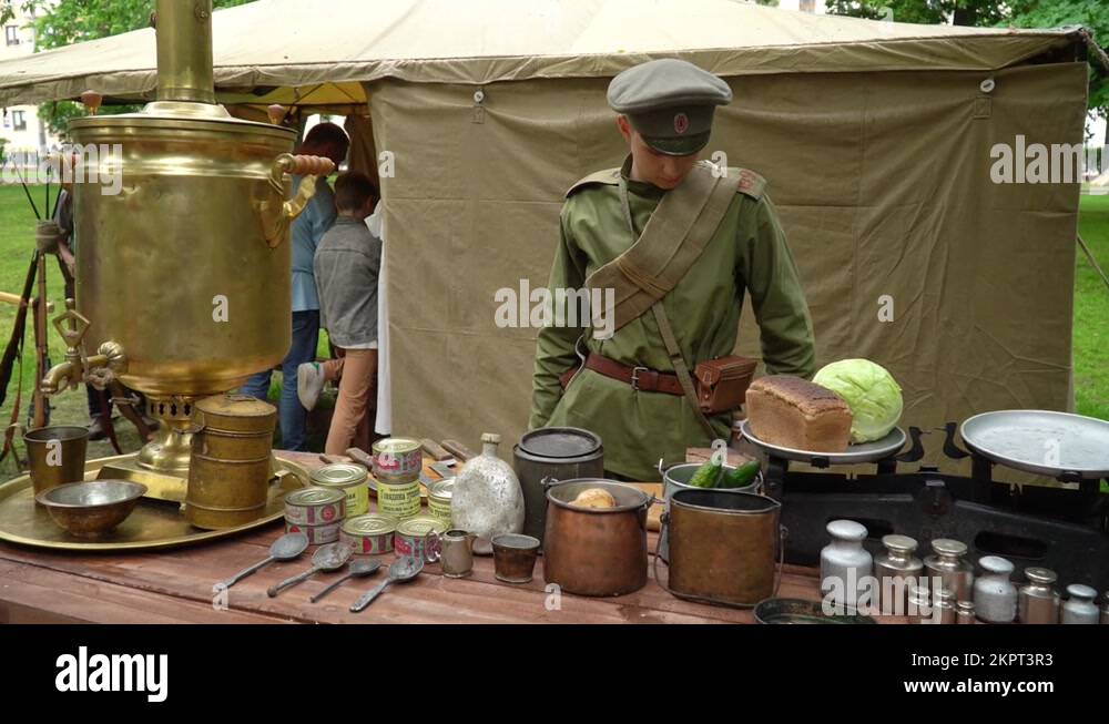 Kitchen with cutlery and canned food from the First World War Stock ...