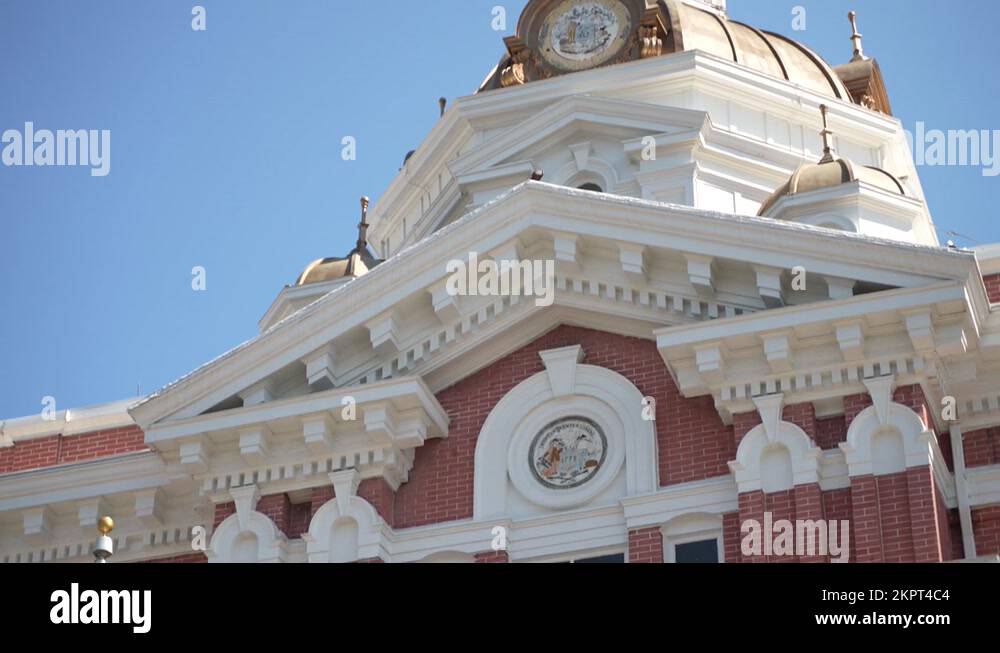 Closeup tilt up of Berkeley County courthouse pediment in Martinsburg ...