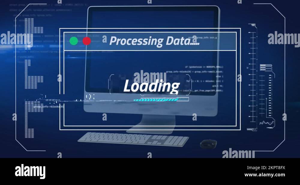 Animation of loading over digital screen and screen on navy background ...
